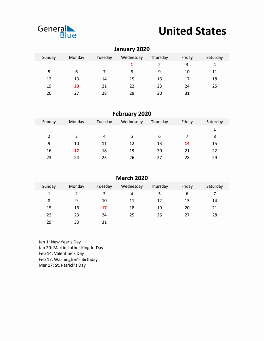 Printable Quarterly Calendar with Notes and United States Holidays (Q1 ...