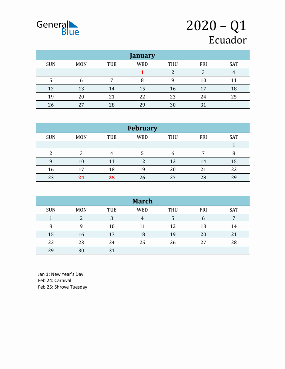 Three-Month Planner for Q1 2020 with Holidays in Ecuador