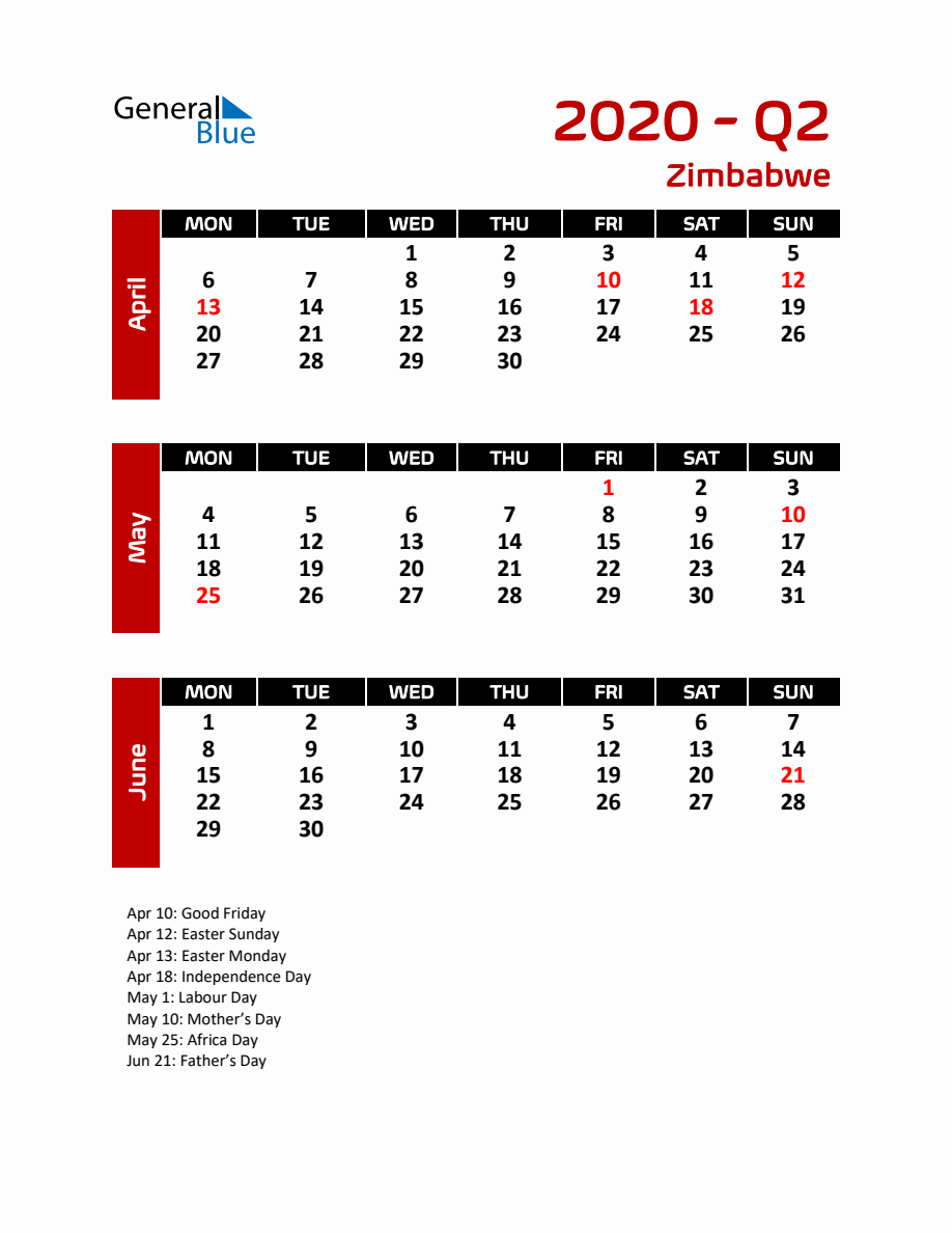 Q2 2020 Calendar with Holidays