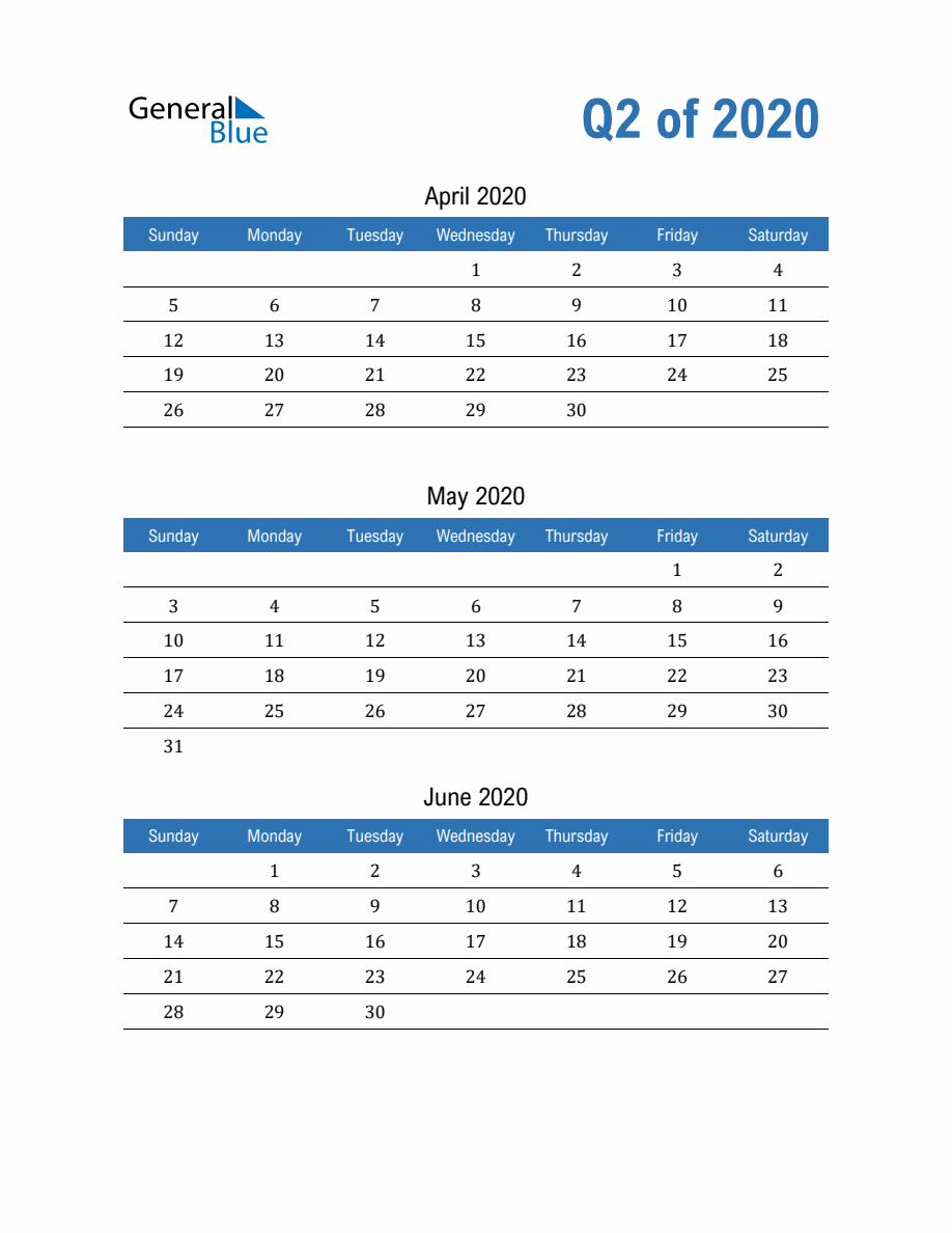 Blank Fillable Quarterly Calendar for Q2 2020 (PDF, Word, Excel)