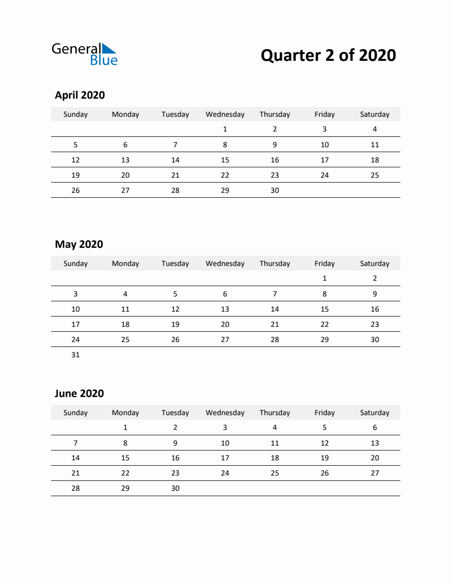 2020 Q2 Three-Month Calendar (April, May, and June)