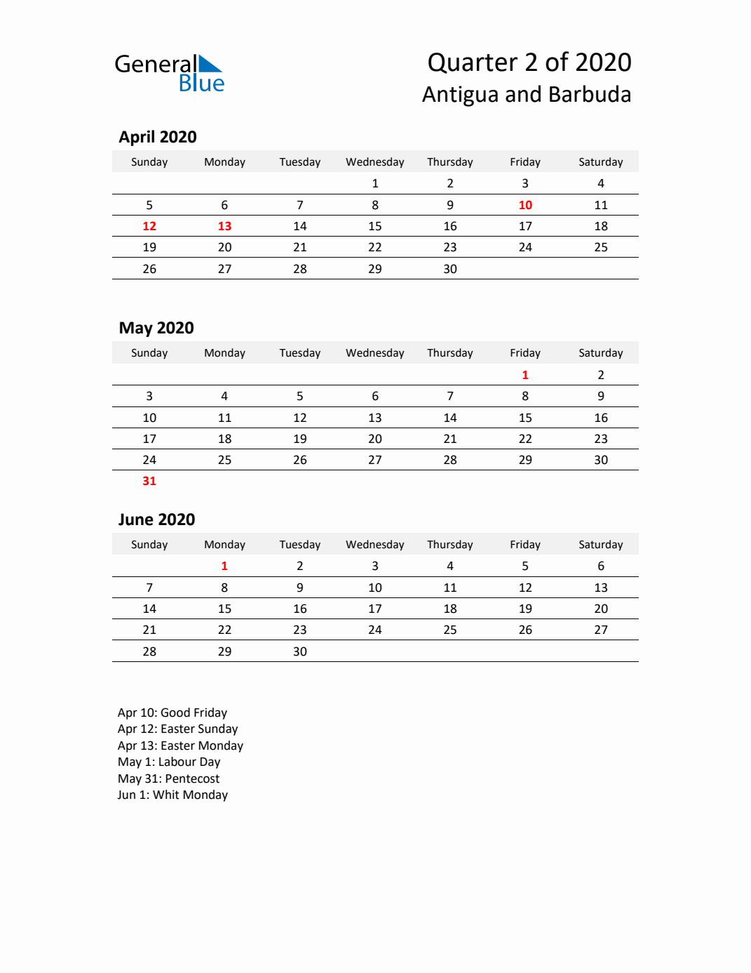 Q2 2020 Quarterly Calendar with Antigua and Barbuda Holidays (PDF ...