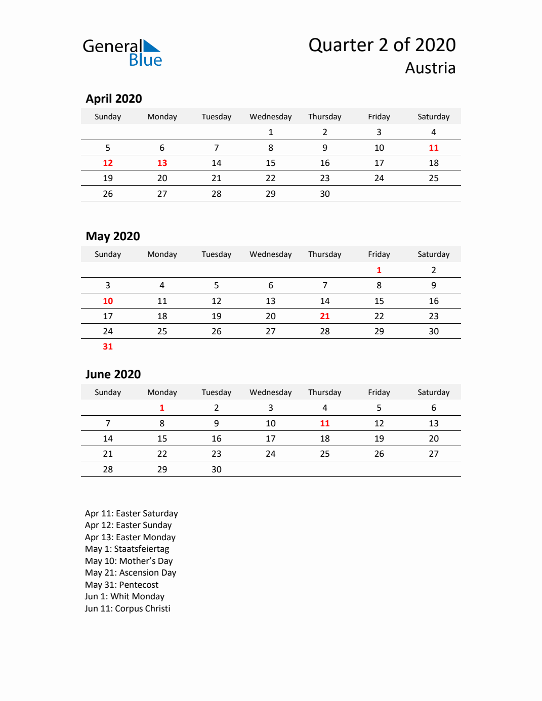 Q2 2020 Quarterly Calendar with Austria Holidays (PDF, Excel, Word)