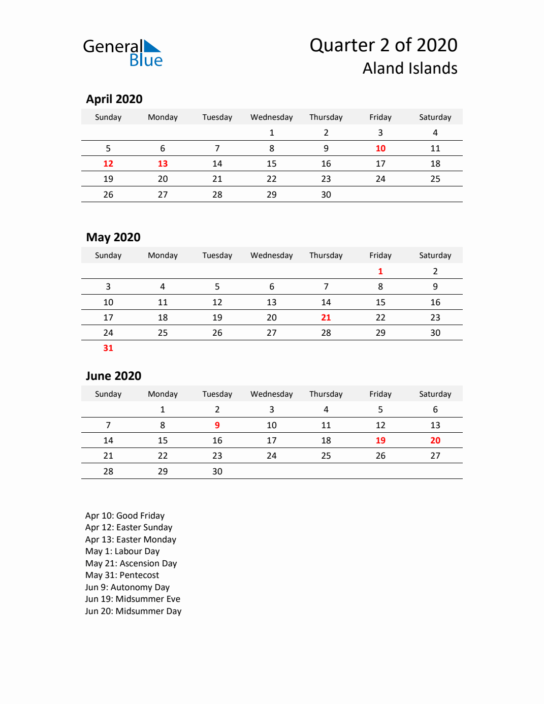Q2 2020 Quarterly Calendar with Aland Islands Holidays (PDF, Excel, Word)