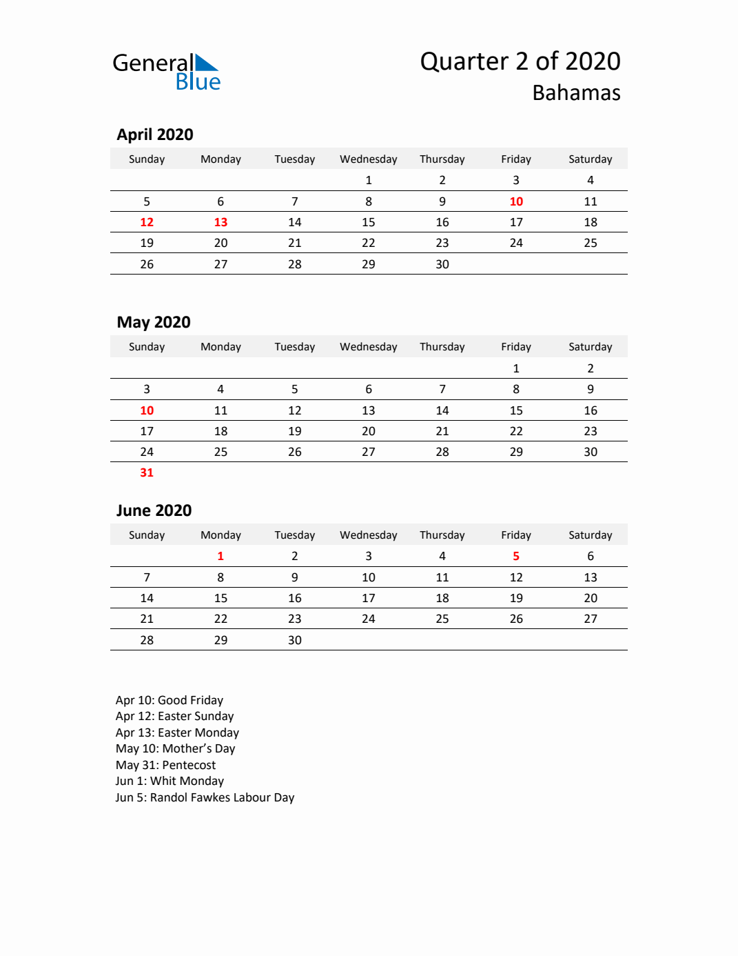 Q2 2020 Quarterly Calendar with Bahamas Holidays (PDF, Excel, Word)