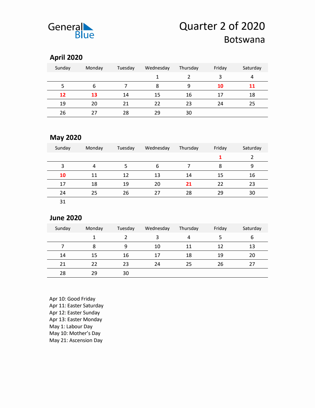 Q2 2020 Quarterly Calendar with Botswana Holidays (PDF, Excel, Word)