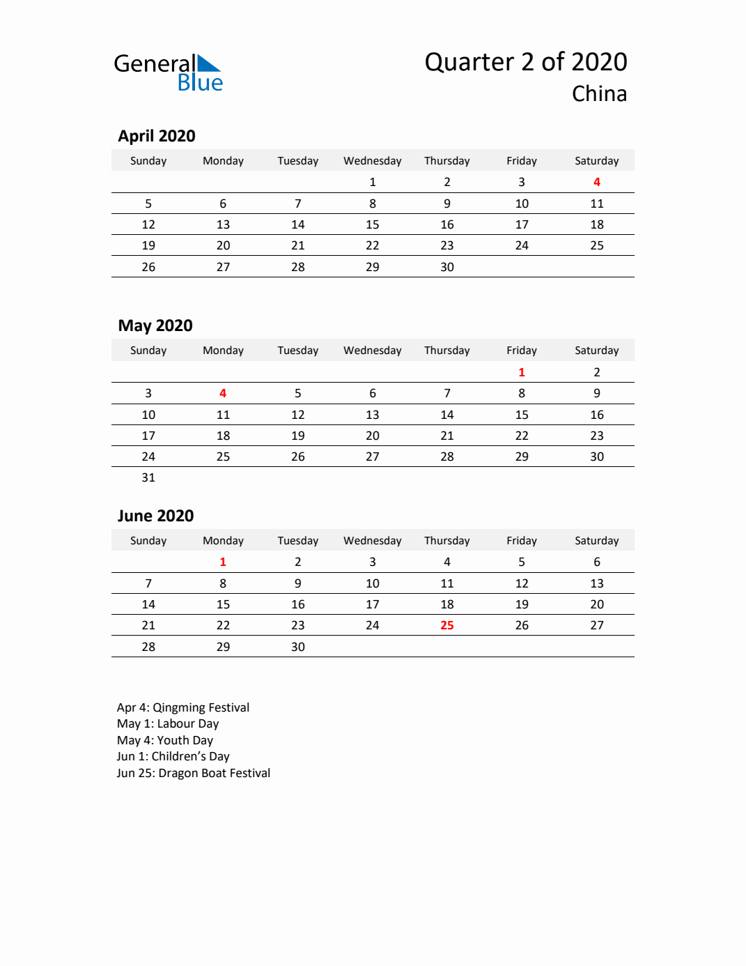 Q2 2020 Quarterly Calendar with China Holidays (PDF, Excel, Word)