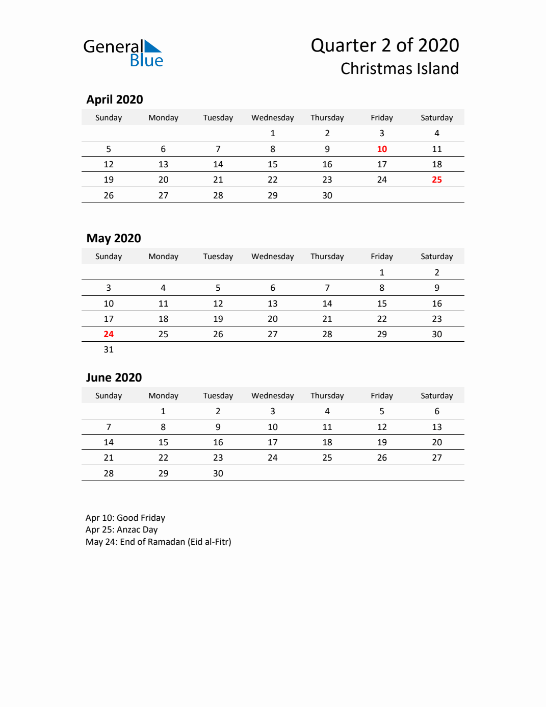 Q2 2020 Quarterly Calendar with Christmas Island Holidays (PDF, Excel ...