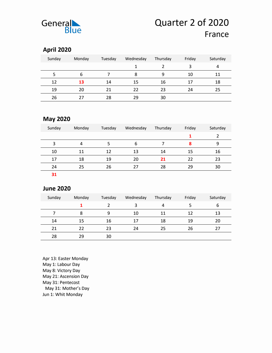 Q2 2020 Quarterly Calendar with France Holidays (PDF, Excel, Word)