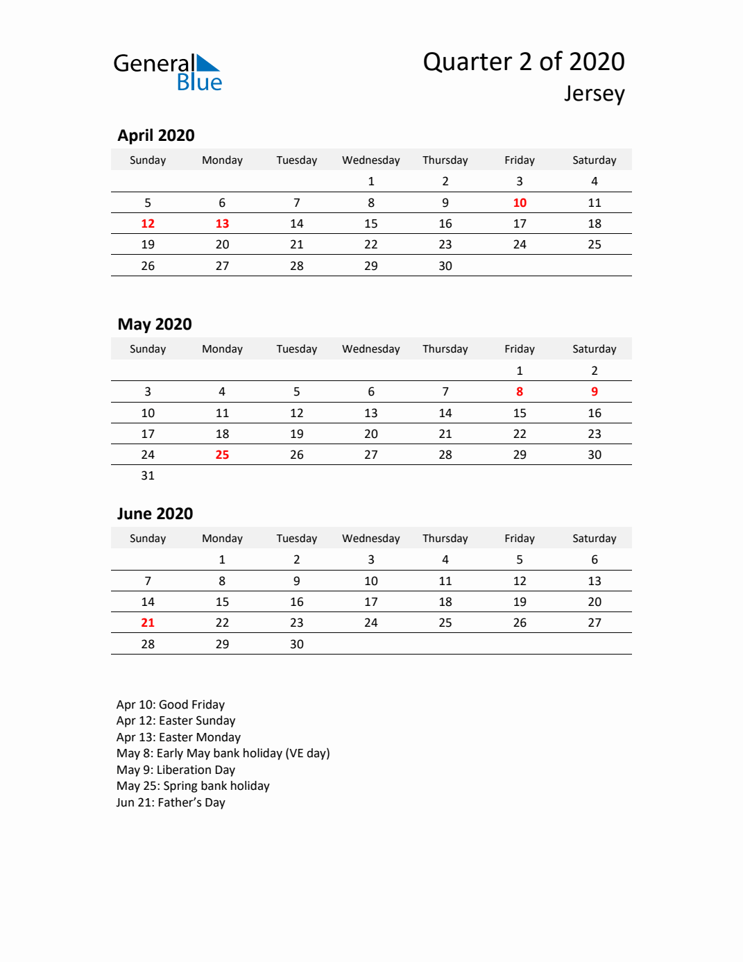 Q2 2020 Quarterly Calendar with Jersey Holidays (PDF, Excel, Word)
