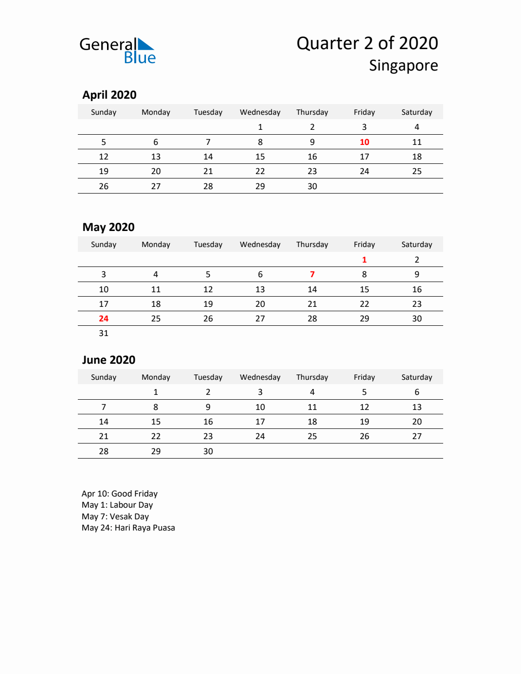 Q2 2020 Quarterly Calendar with Singapore Holidays (PDF, Excel, Word)