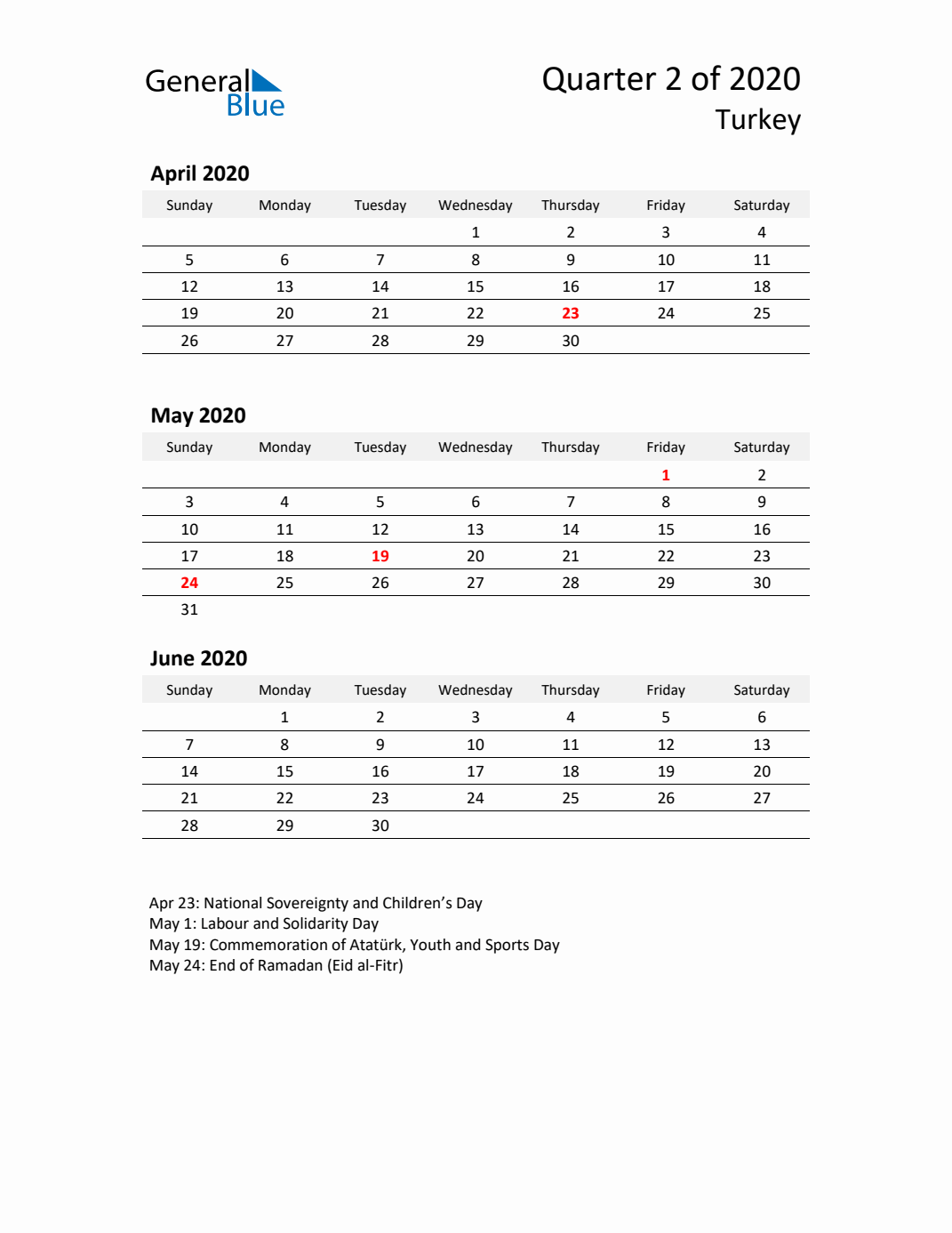 Q2 2020 Quarterly Calendar with Turkey Holidays (PDF, Excel, Word)