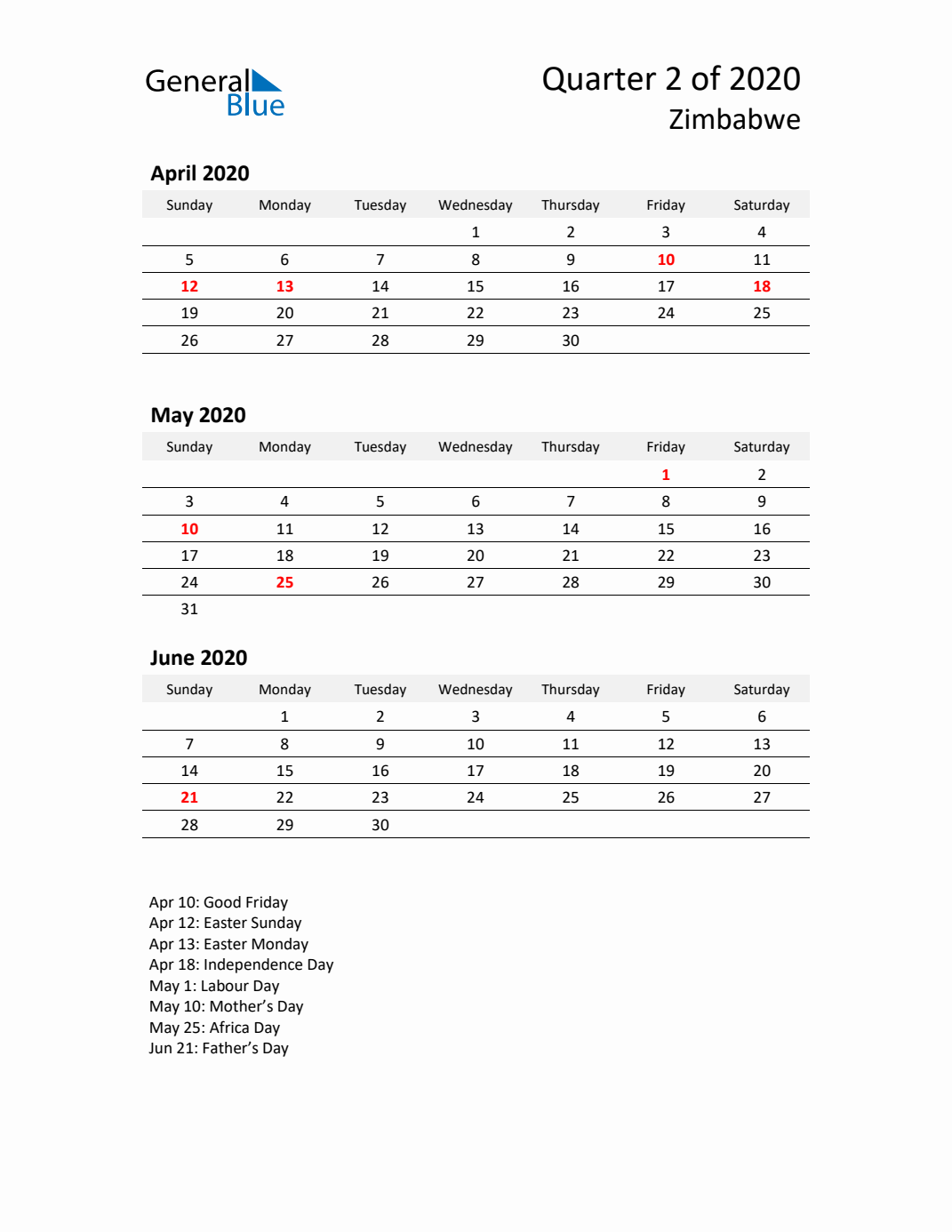 Q2 2020 Quarterly Calendar with Zimbabwe Holidays (PDF, Excel, Word)