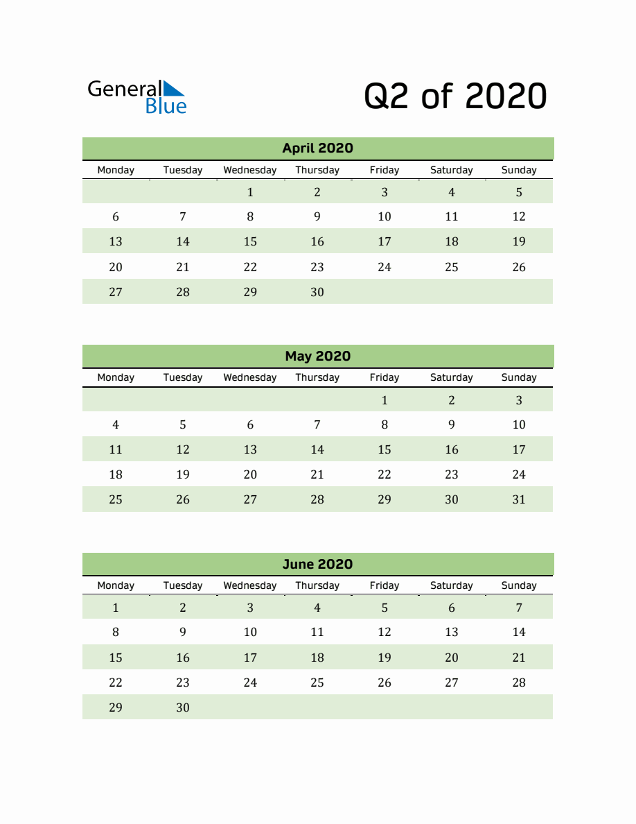 Downloadable Q2 2020 Quarterly Calendar in PDF, Word, and Excel