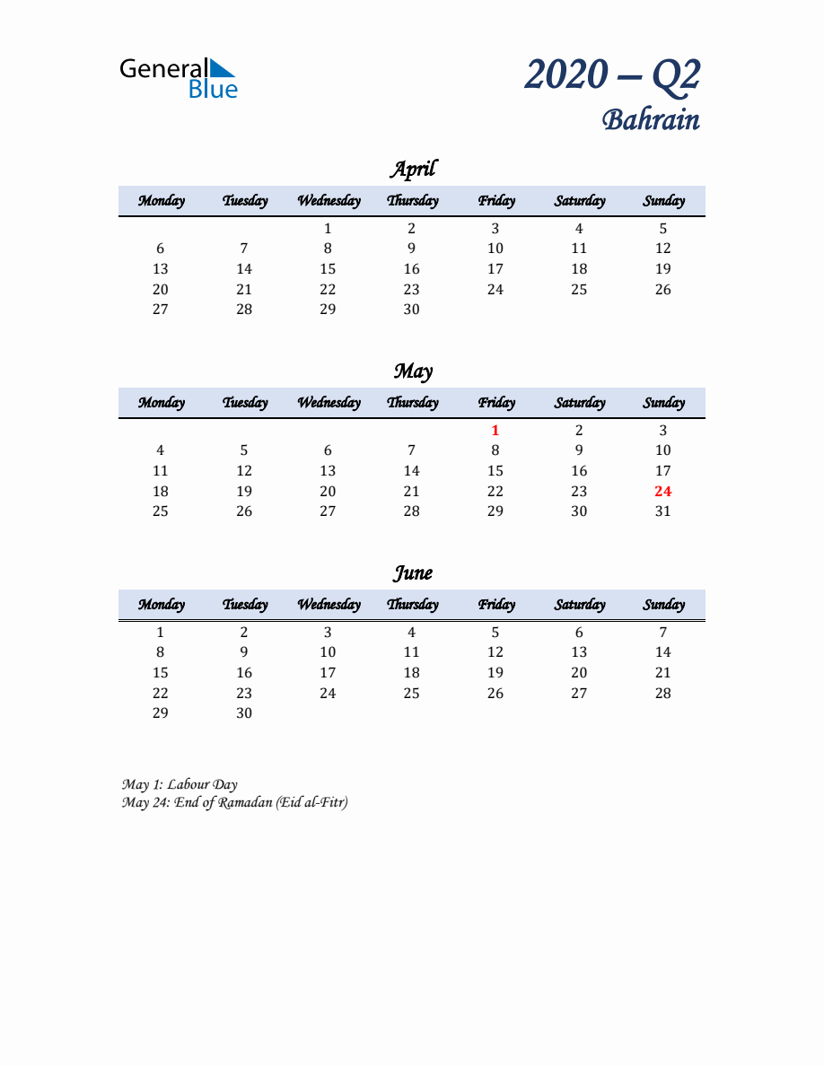 April, May, and June 2020 Calendar for Bahrain - Monday Start