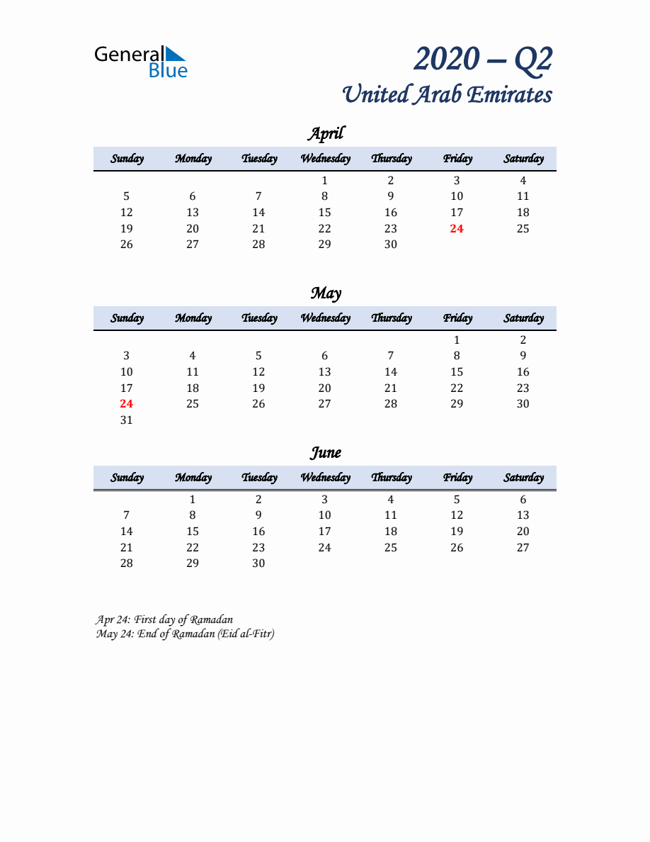 April, May, and June 2020 Calendar for United Arab Emirates