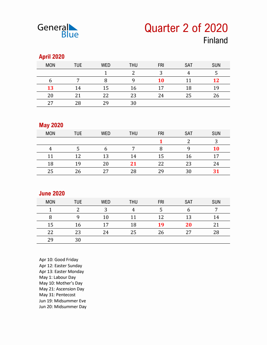 Printable Three Month Calendar with Finland Holidays (Q2 2020) - Monday ...
