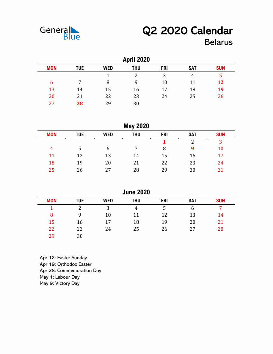 2020 Q2 Calendar with Holidays List for Belarus - Monday Start