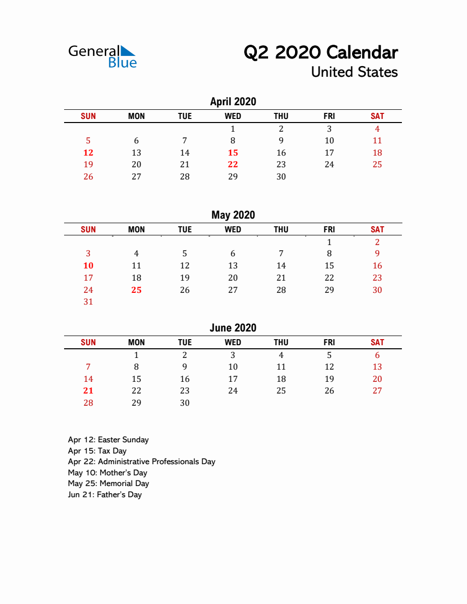 2020 Q2 Calendar with Holidays List for United States