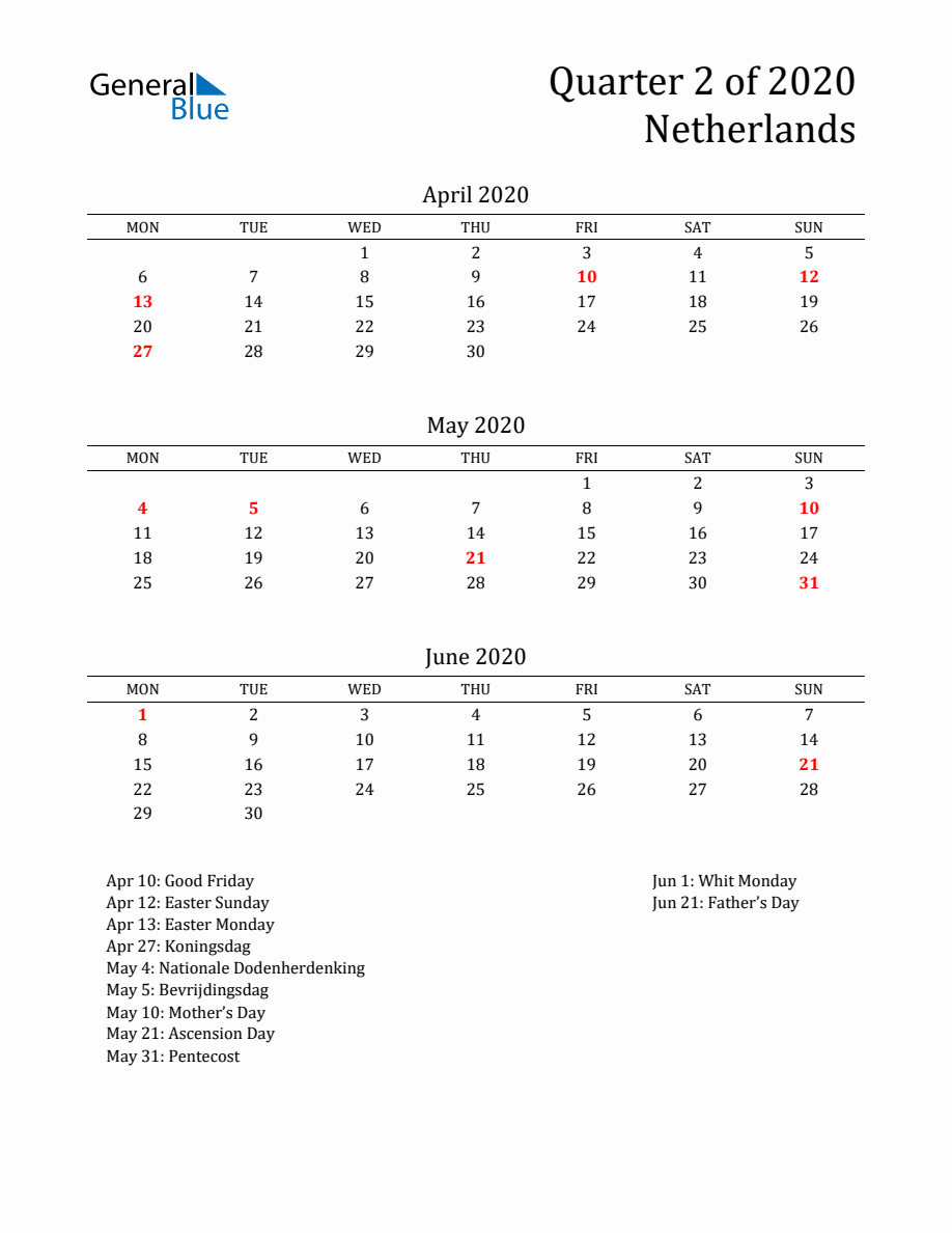Quarter 2 2020 The Netherlands Calendar - Monday Start
