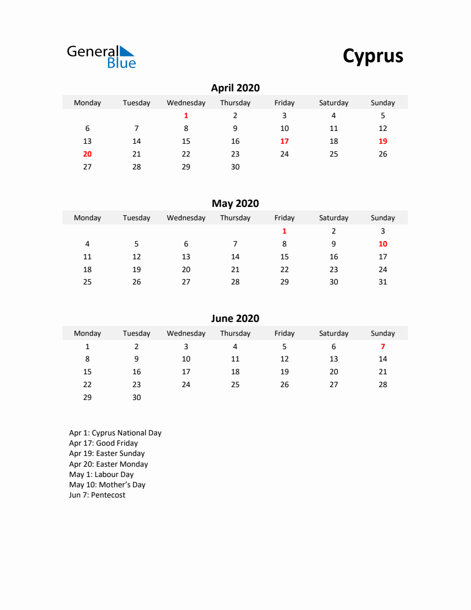Printable Quarterly Calendar with Notes and Cyprus Holidays- Q2 of 2020