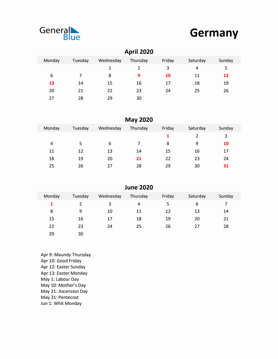 Printable Quarterly Calendar with Notes and Germany Holidays (Q2, 2020 ...