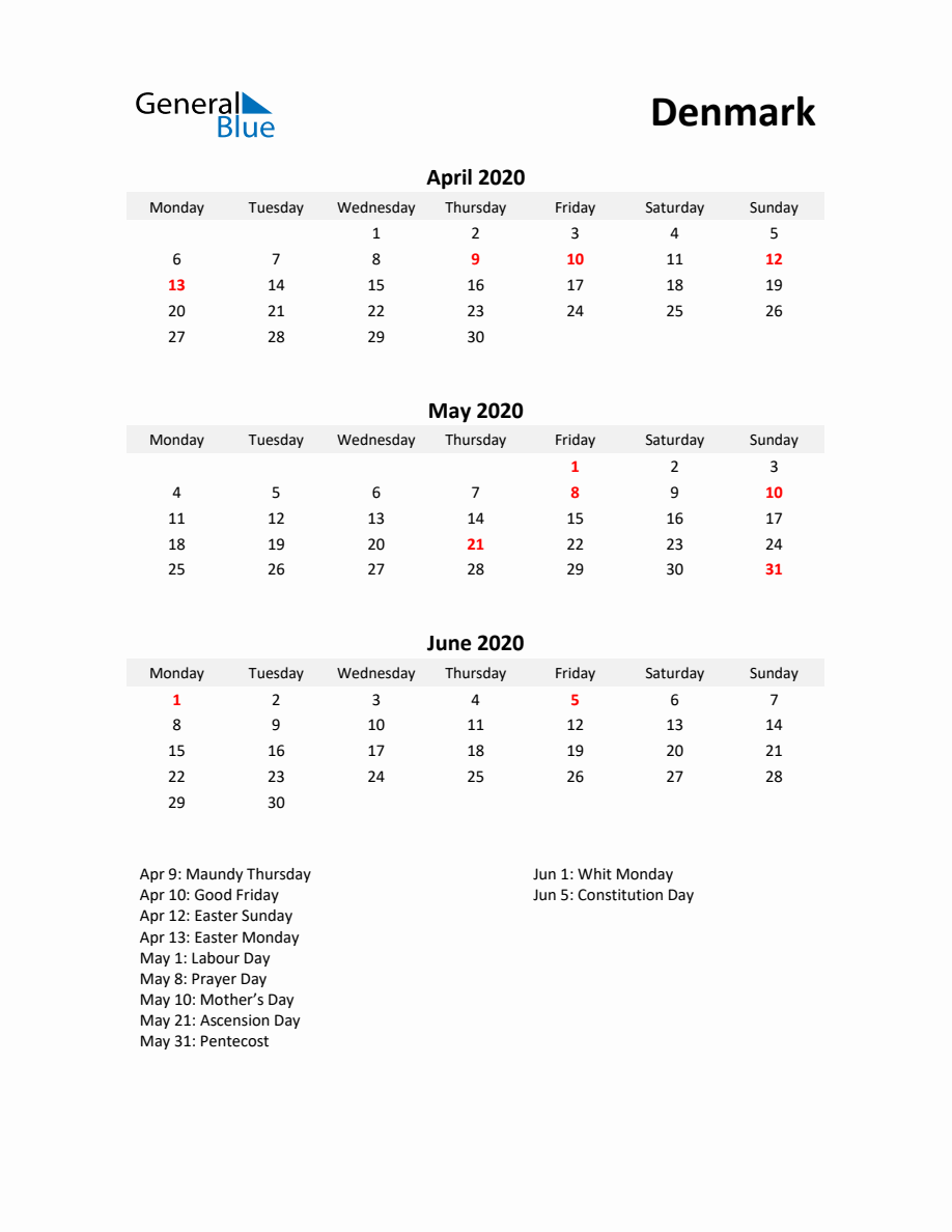 Printable Quarterly Calendar with Notes and Denmark Holidays- Q2 of 2020