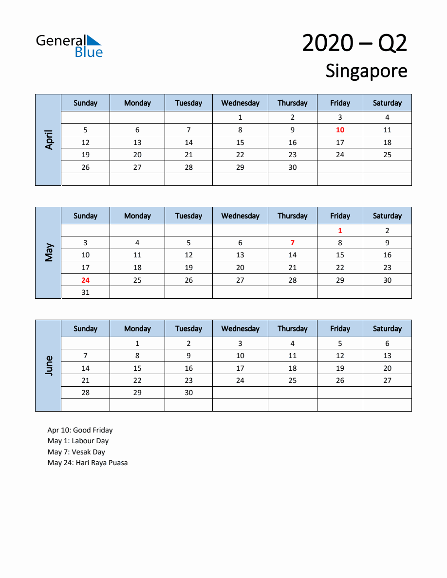 Free Q2 2020 Calendar for Singapore