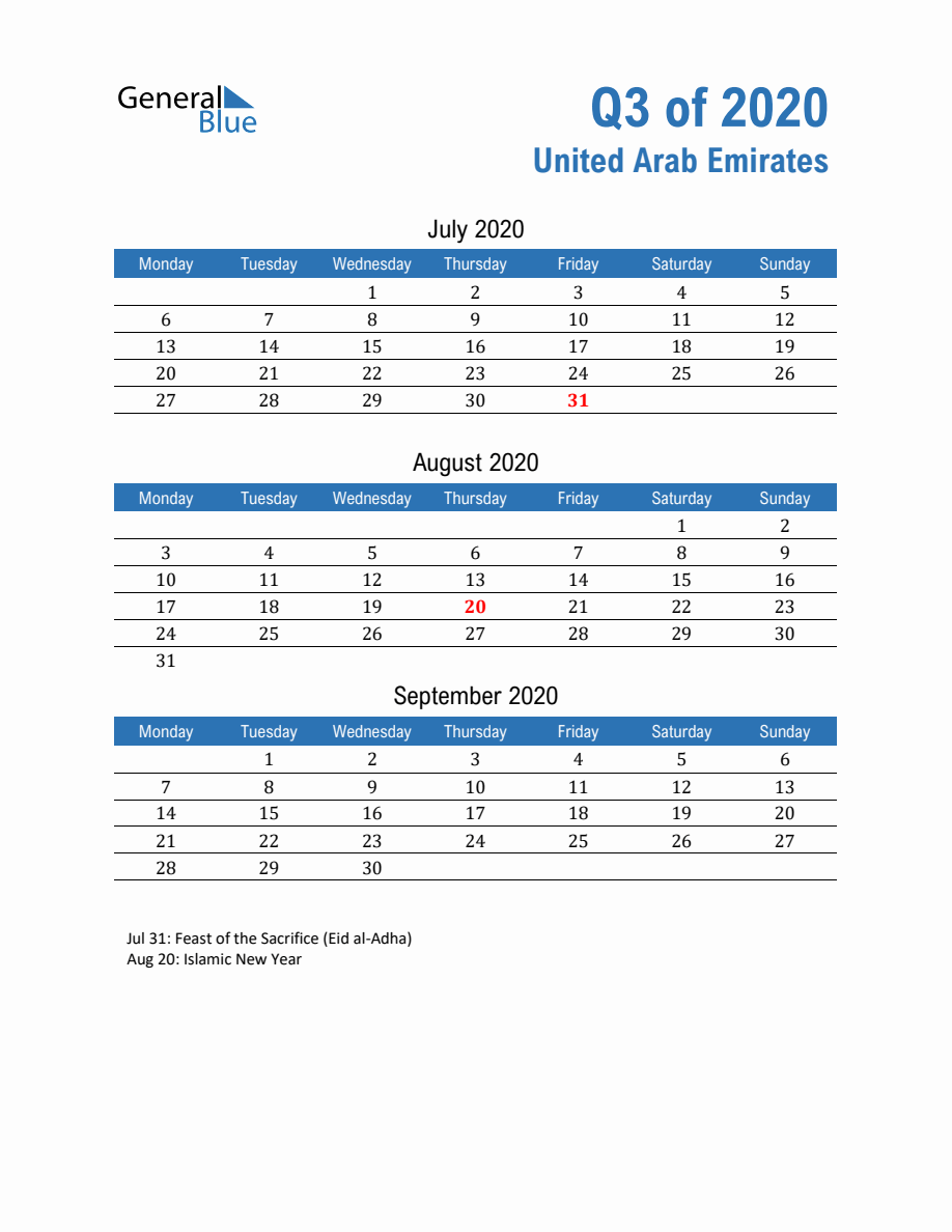 United Arab Emirates 2020 Quarterly Calendar with Monday Start