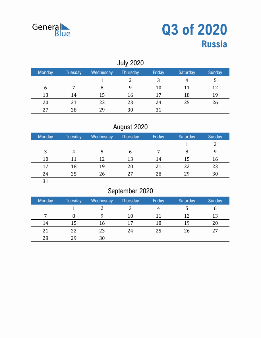 Russia 2020 Quarterly Calendar with Monday Start