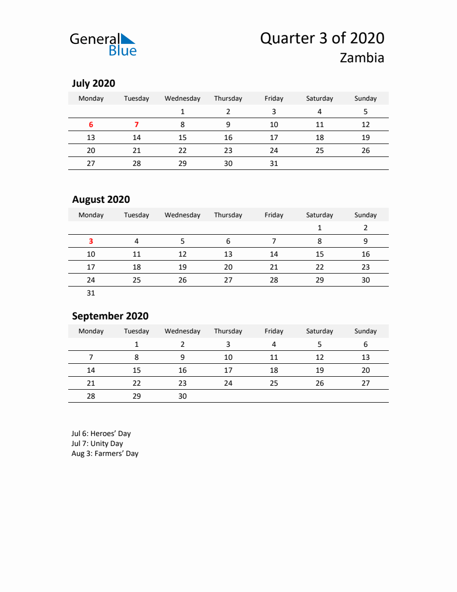 2020 Three-Month Calendar for Zambia