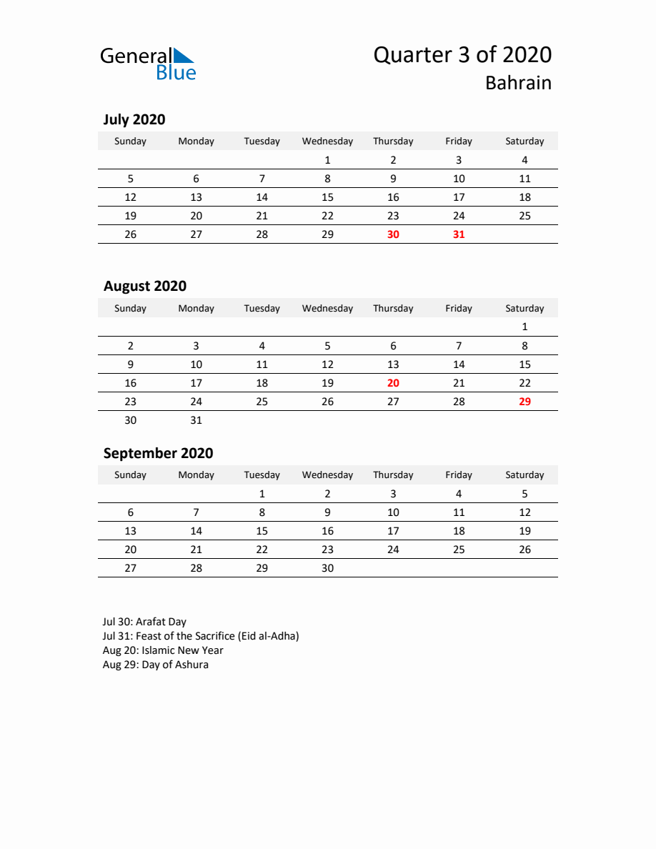 2020 Three-Month Calendar for Bahrain