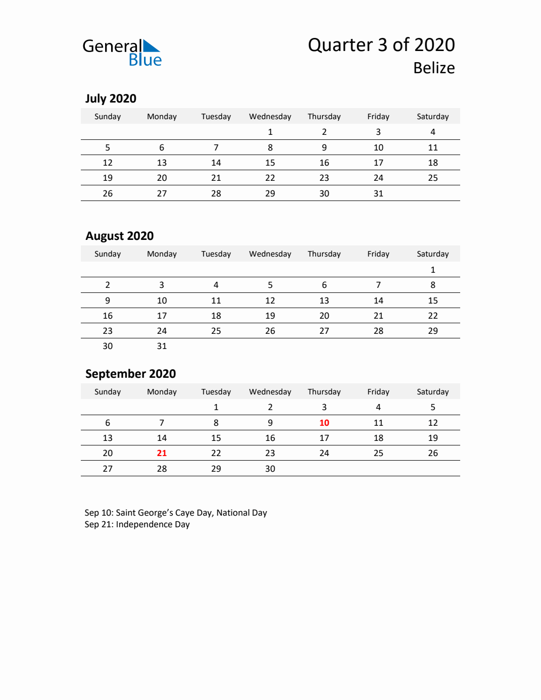 Q3 2020 Quarterly Calendar with Belize Holidays (PDF, Excel, Word)