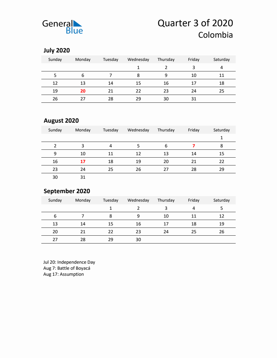 2020 Three-Month Calendar for Colombia