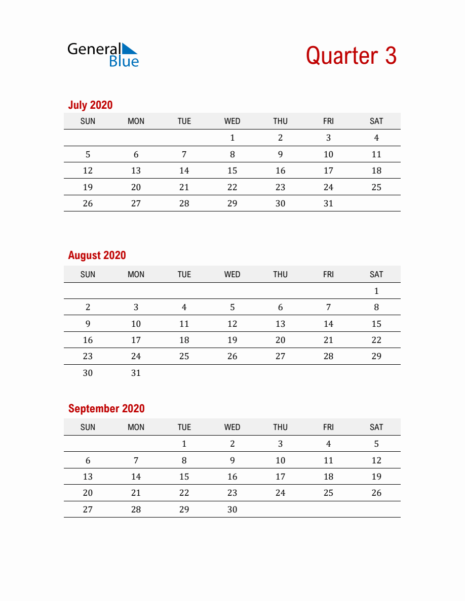 Quarter 3 2020 Calendar Printable (PDF, Word, Excel)