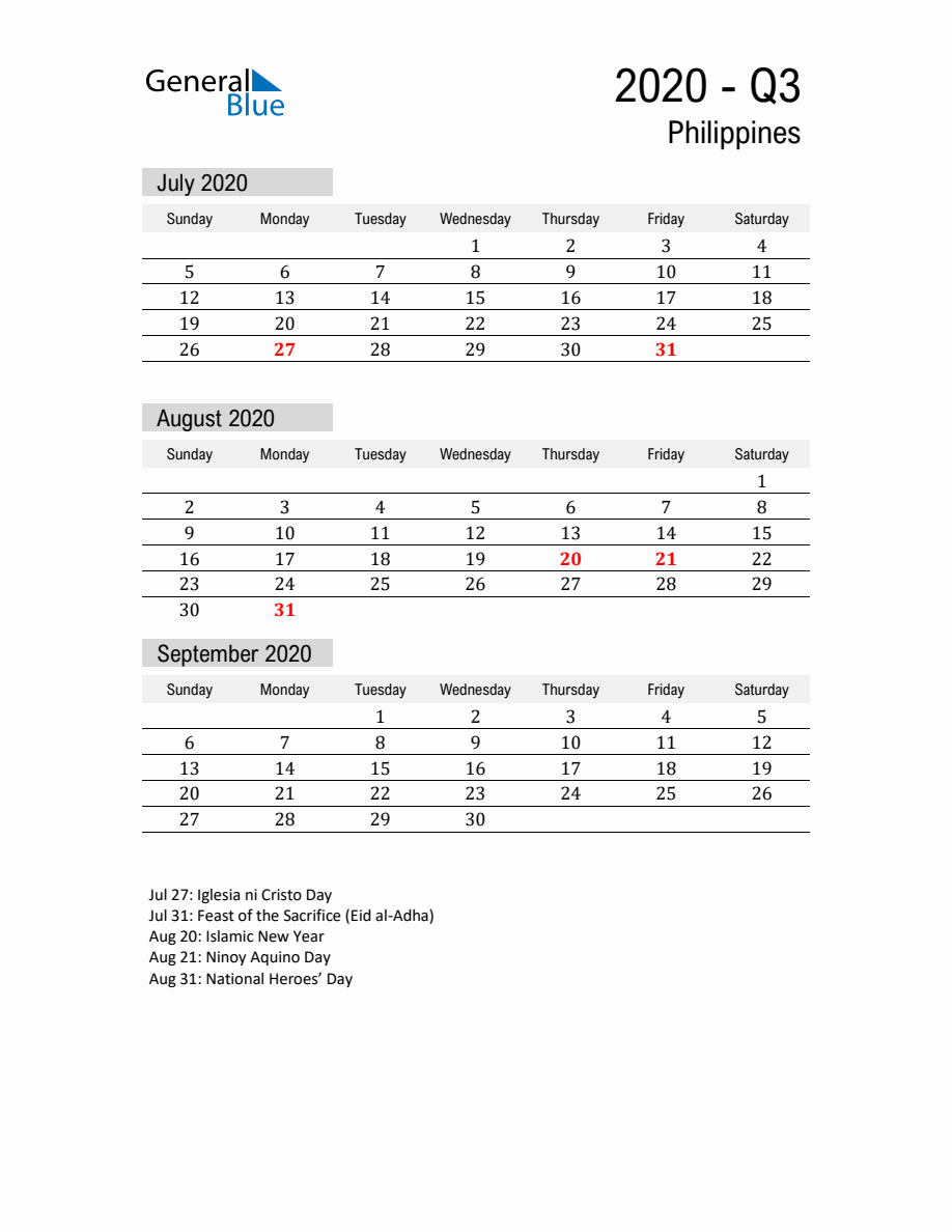 Philippines Quarter 3 2020 Calendar with Holidays