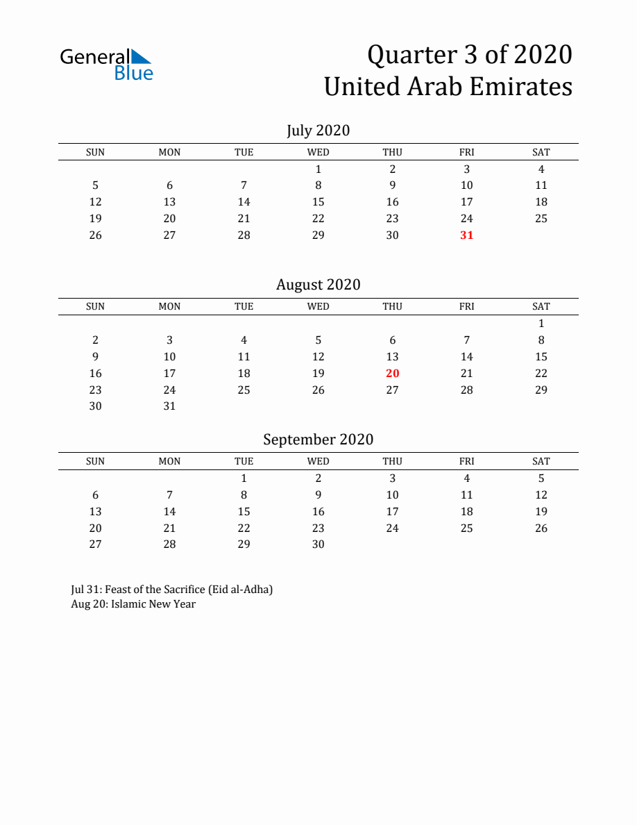 Quarter 3 2020 United Arab Emirates Calendar