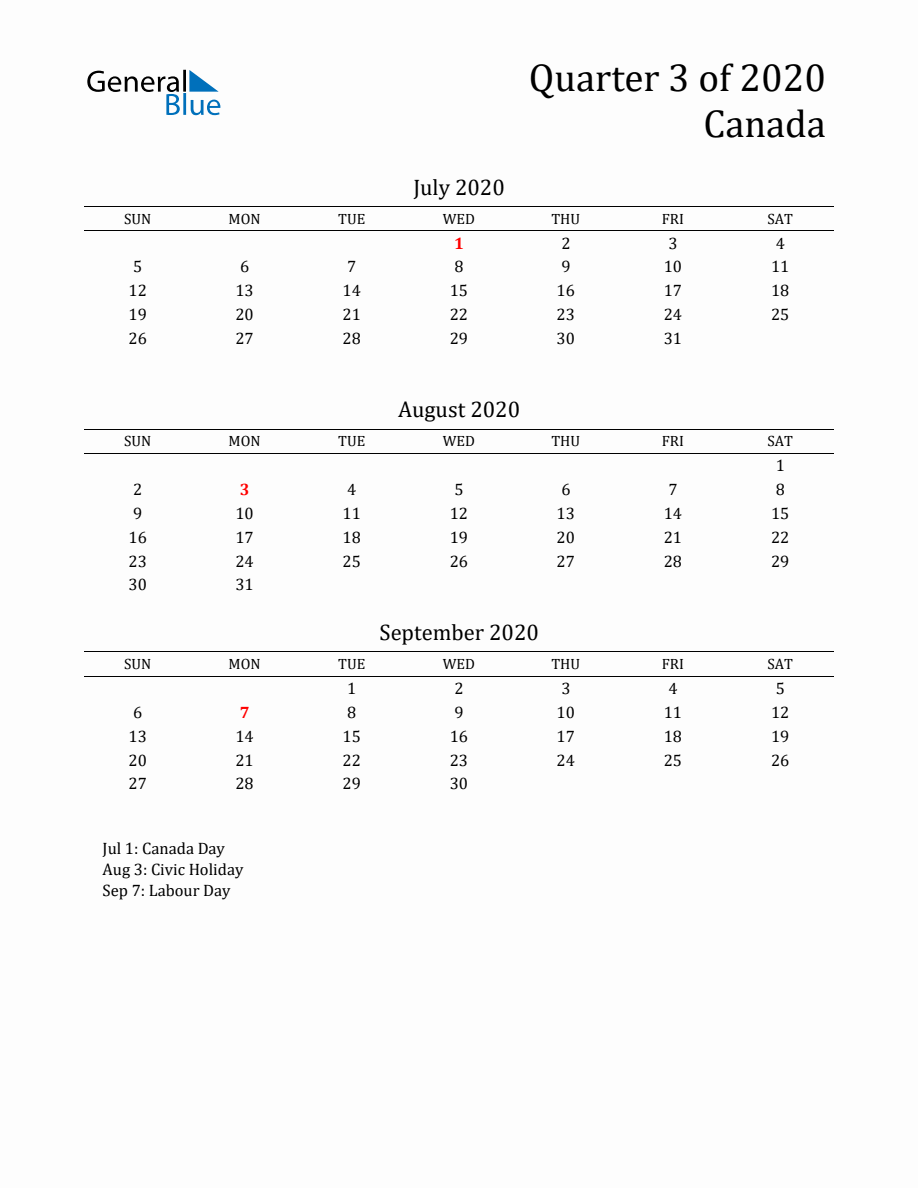 Quarter 3 2020 Canada Calendar