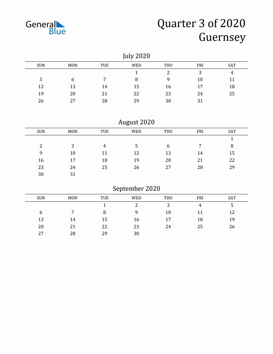 Quarter 3 2020 Guernsey Quarterly Calendar