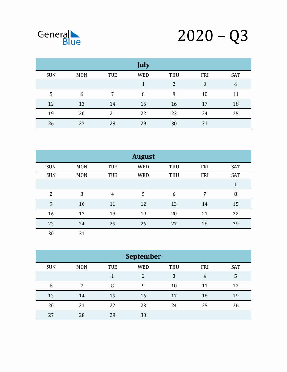 Blank Q3 Quarterly Calendar 2020 (July, August and September)