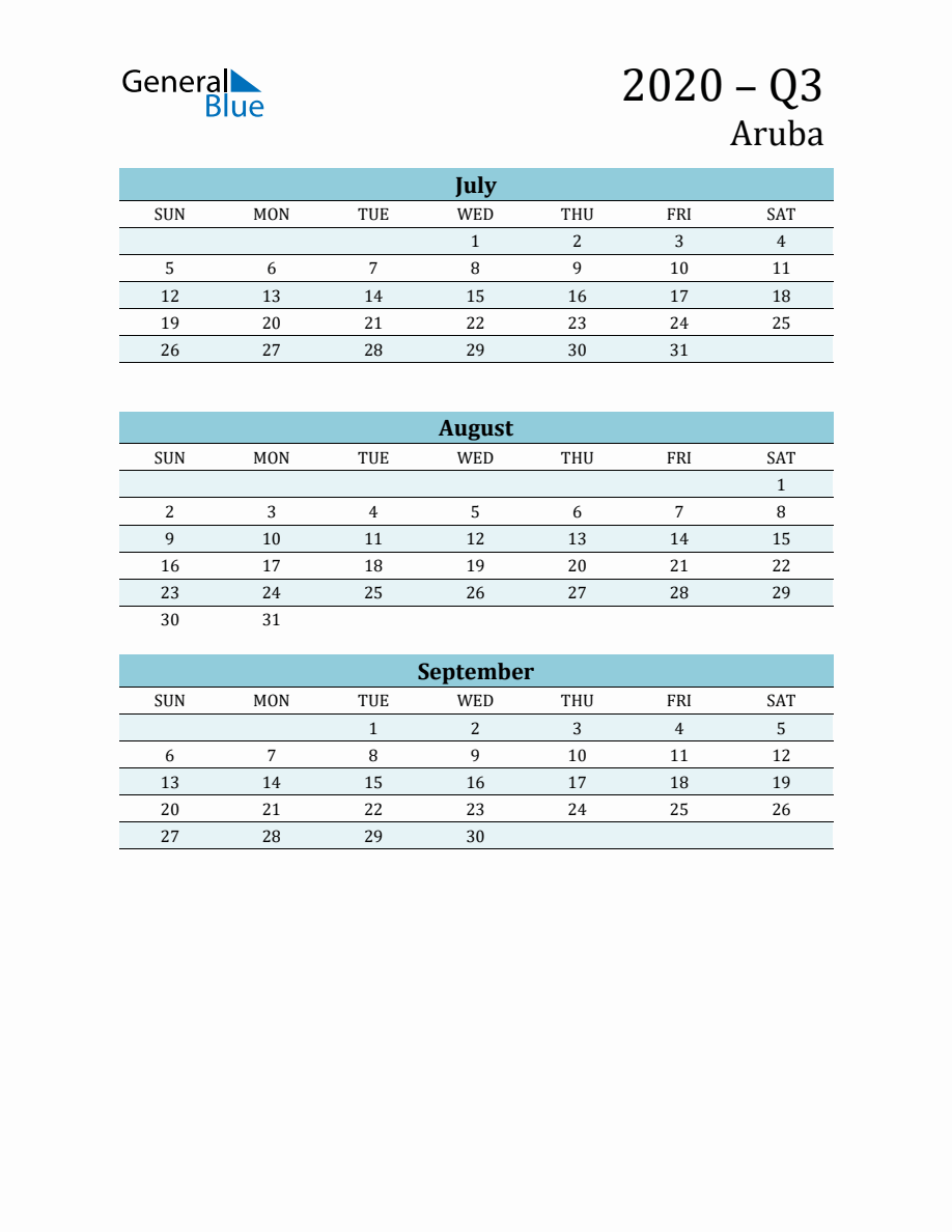 Three-Month Planner for Q3 2020 with Holidays - Aruba