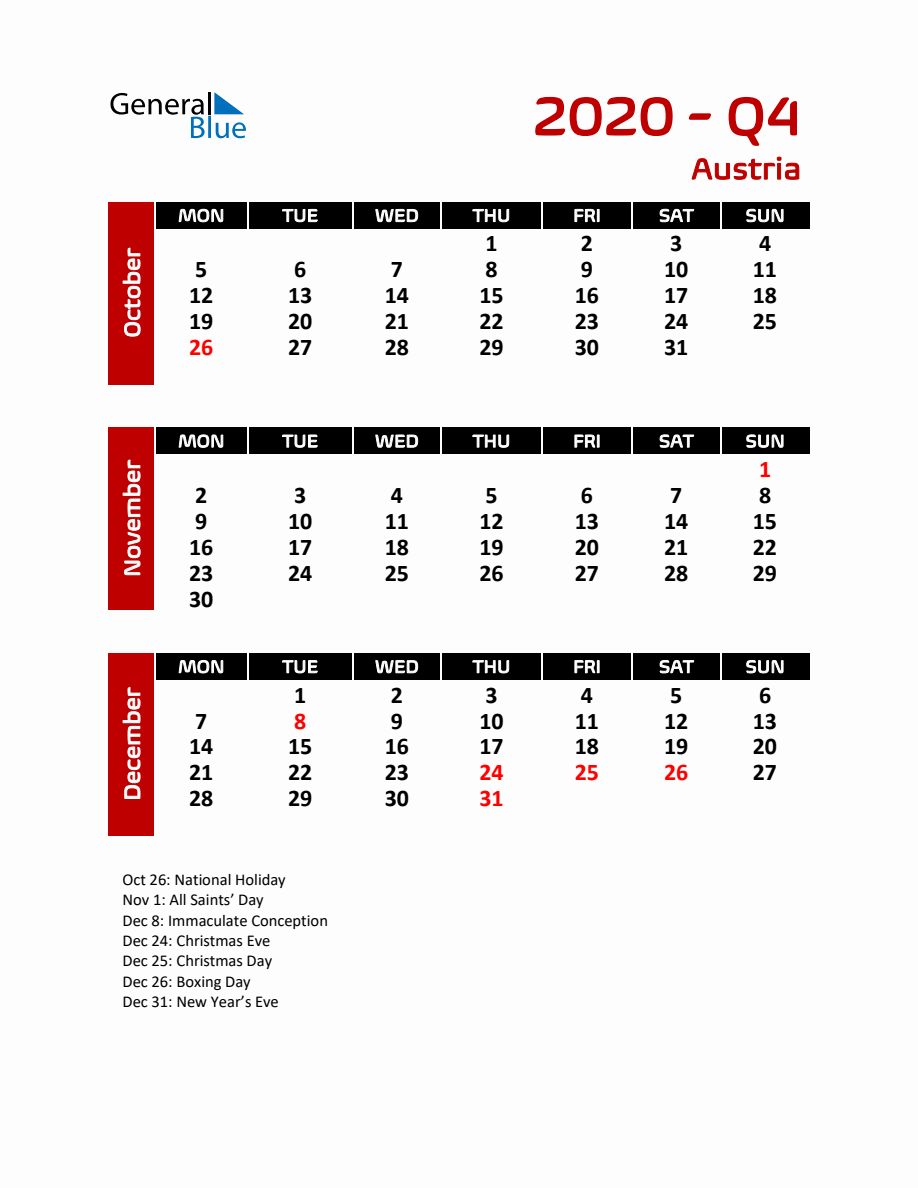 Q4 2020 Calendar with Holidays for Austria - Monday Start
