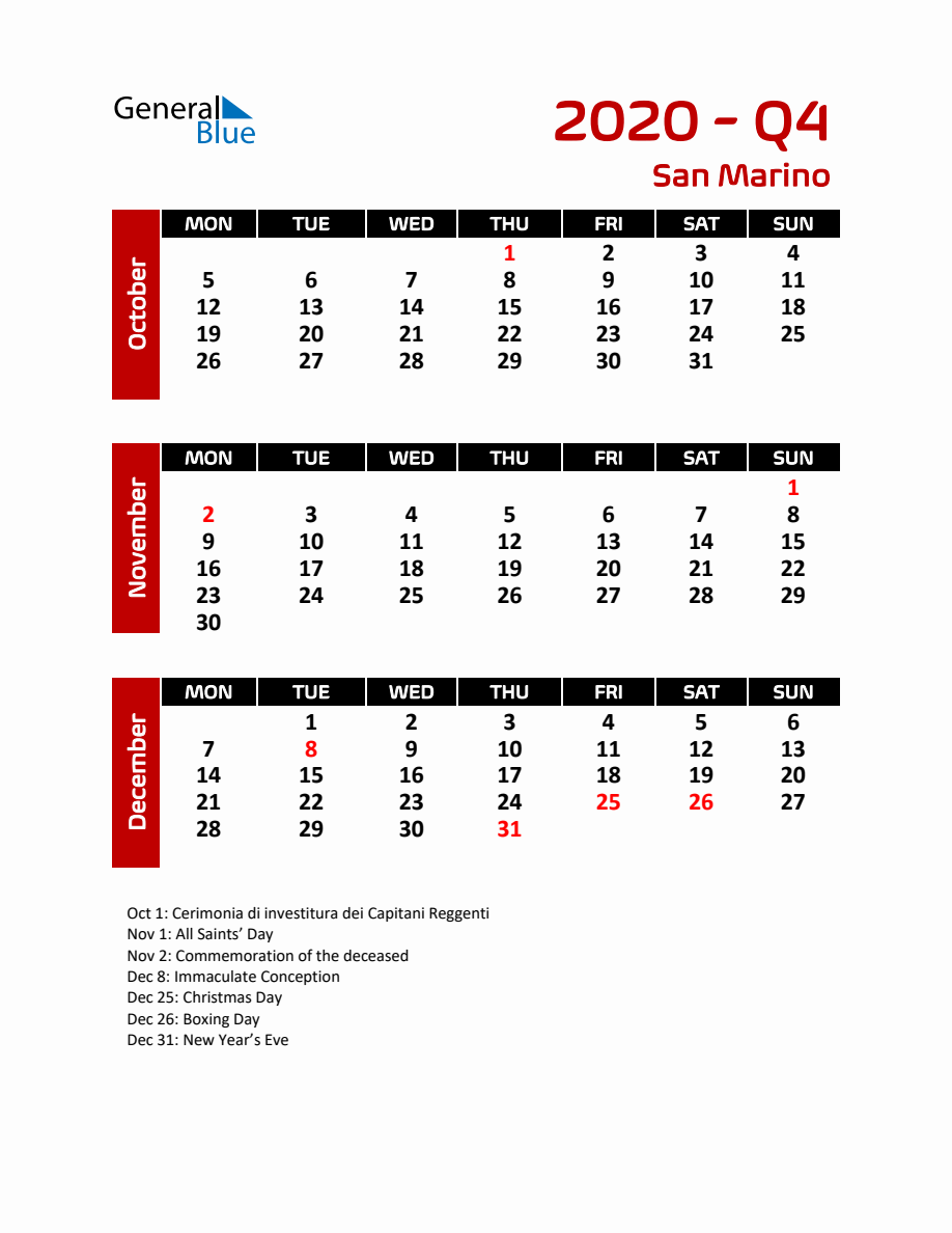 Q4 2020 Calendar with Holidays