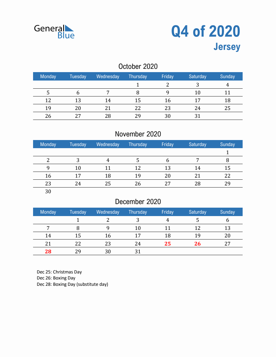Jersey 2020 Quarterly Calendar with Monday Start