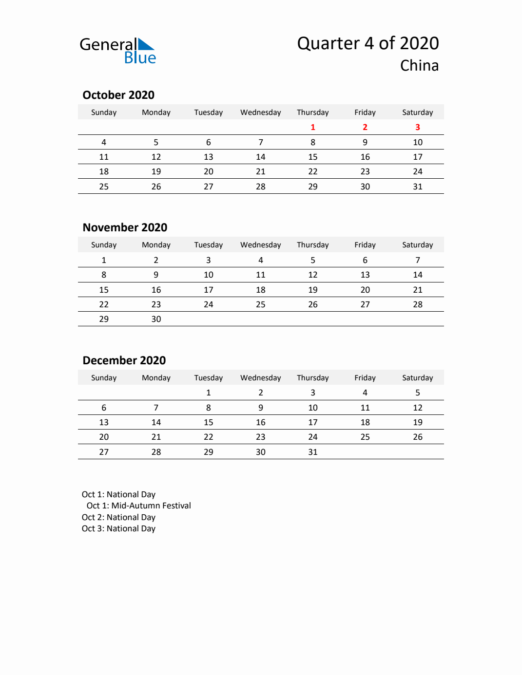 Q4 2020 Quarterly Calendar with China Holidays (PDF, Excel, Word)
