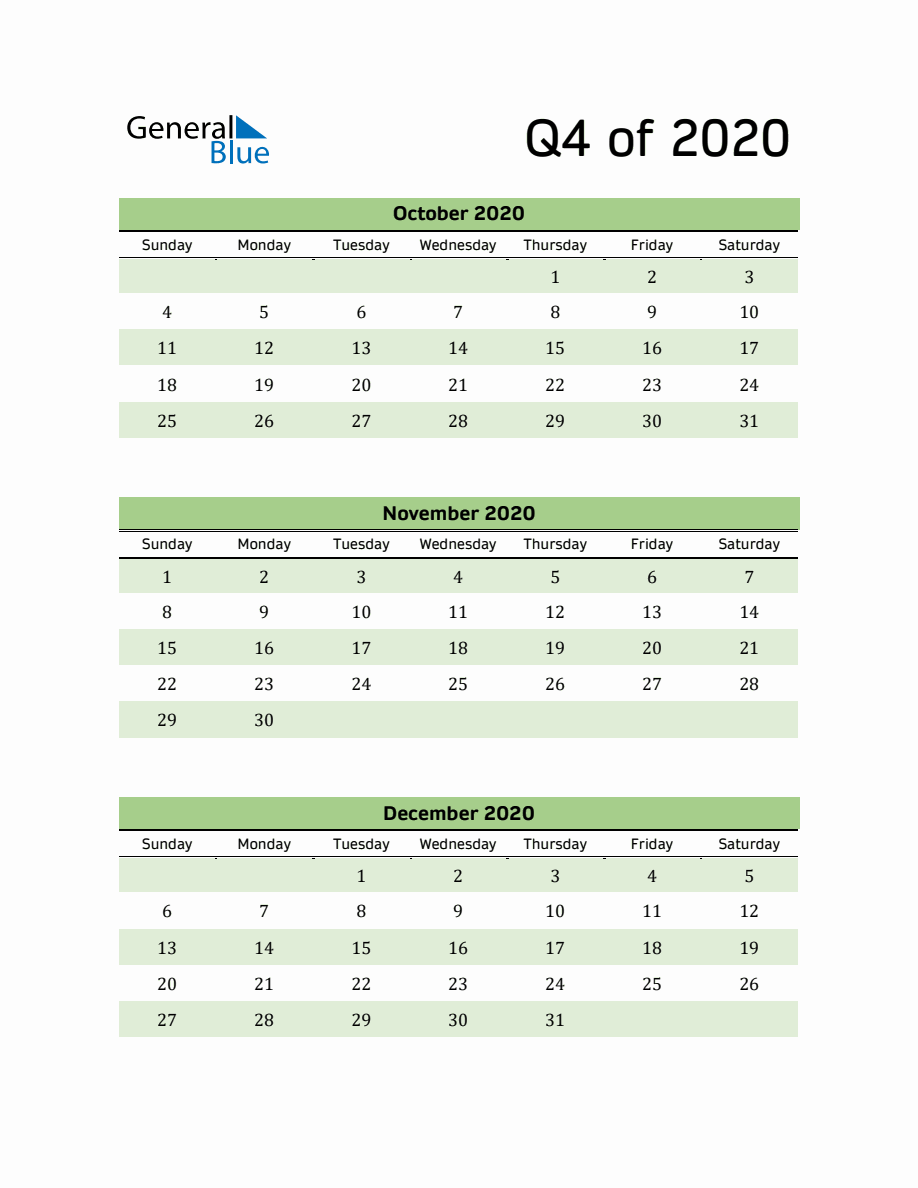 Downloadable Q4 2020 Quarterly Calendar in PDF, Word, and Excel