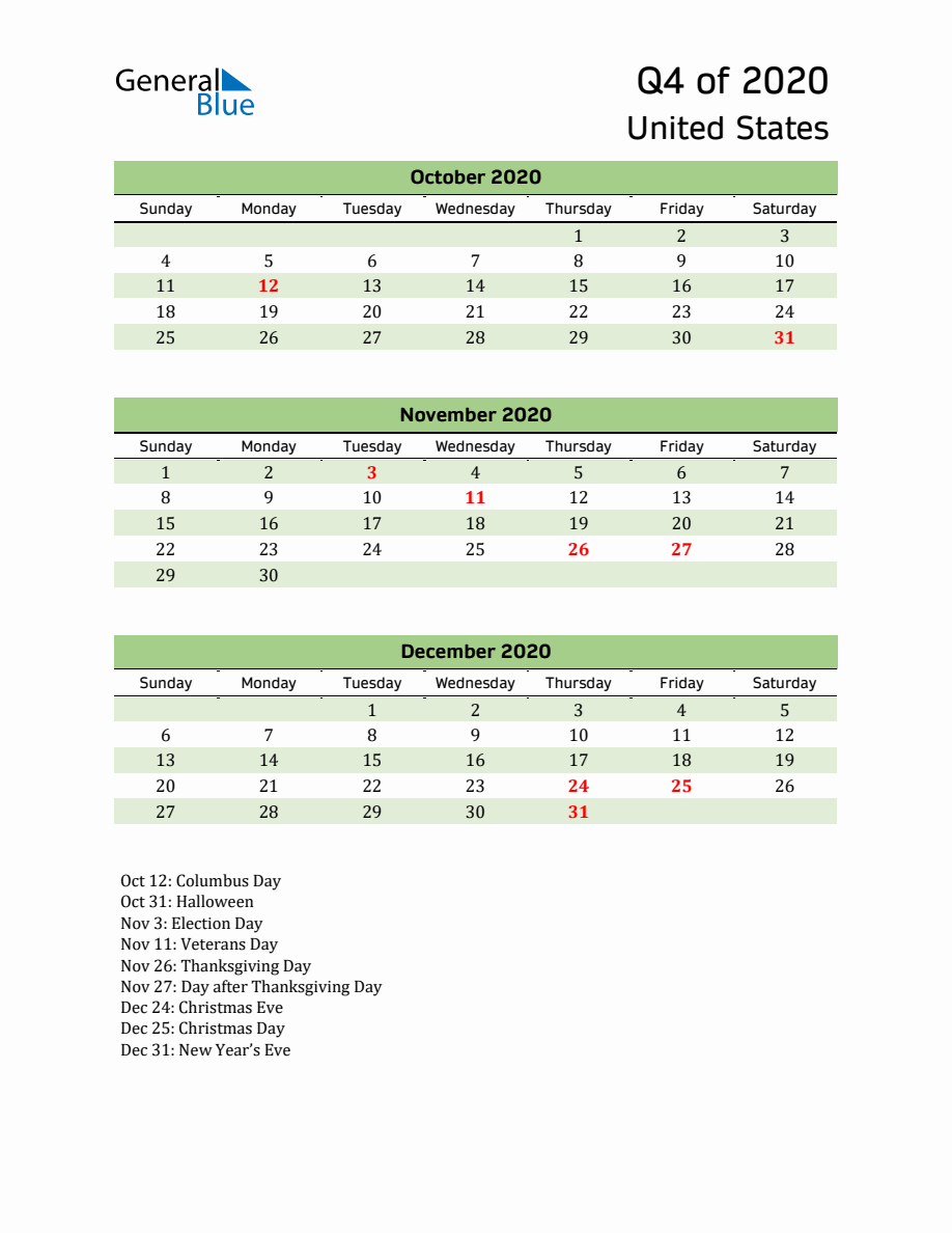 Quarterly Calendar with United States Holidays (Q4 of 2020)