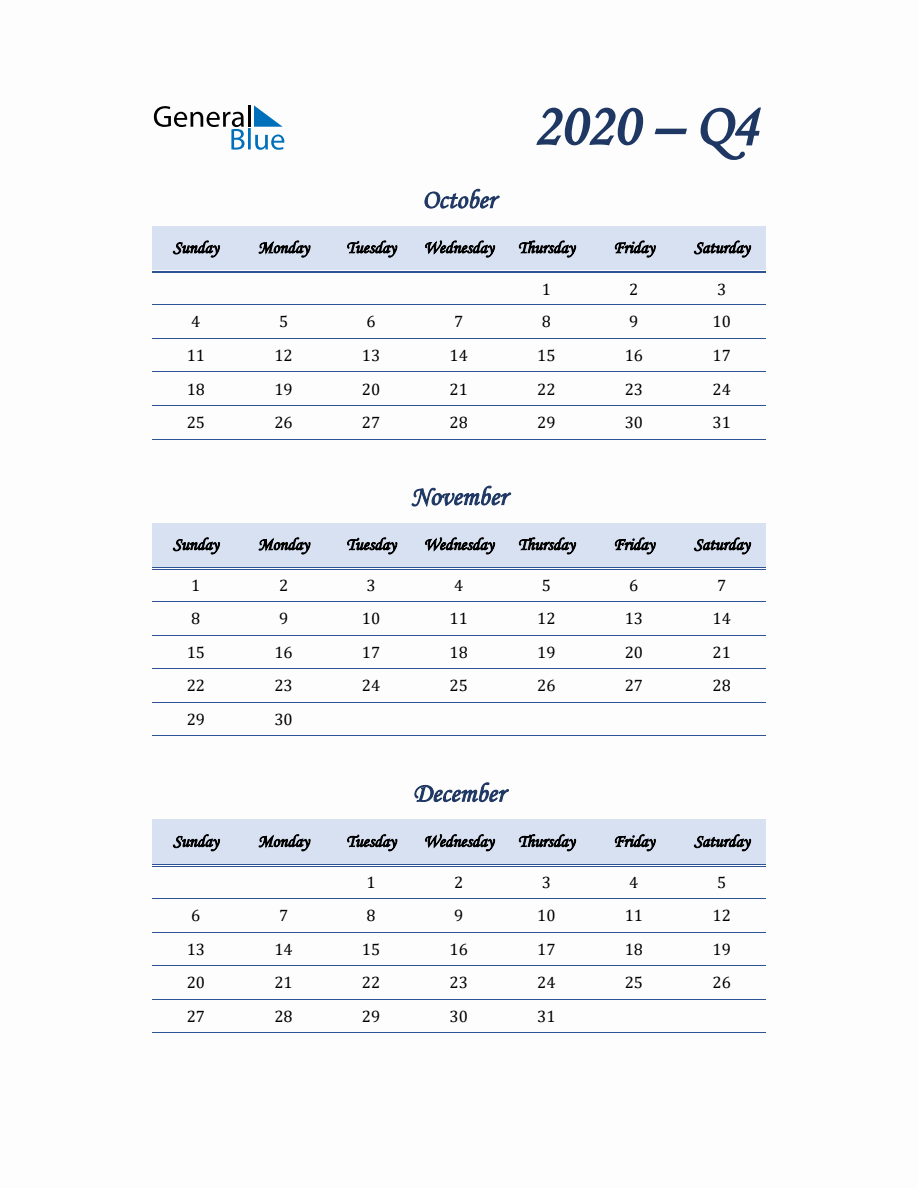 Quarterly Calendar for Quarter 4 2020 in PDF, Word, Excel