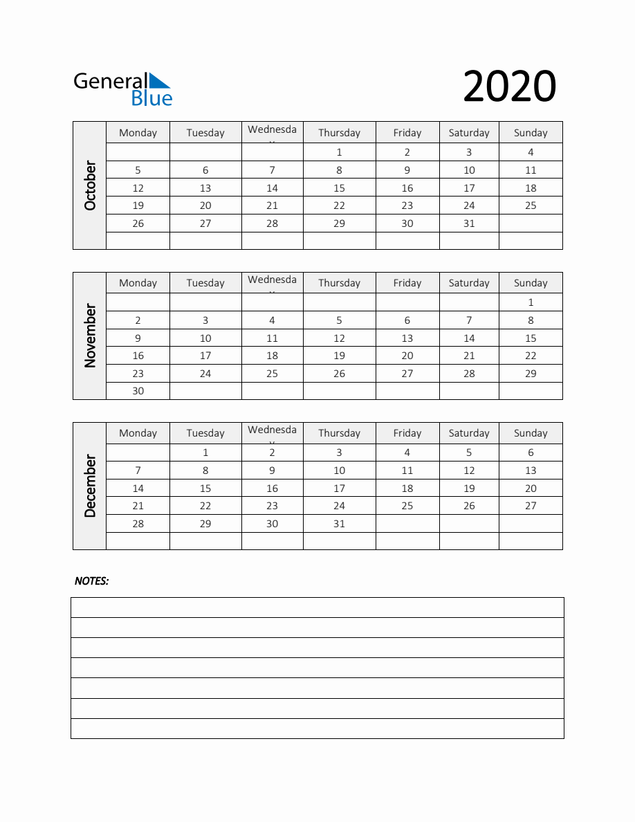 Q4 2020 Calendar Template with Notes in PDF, Word, and Excel - Monday Start