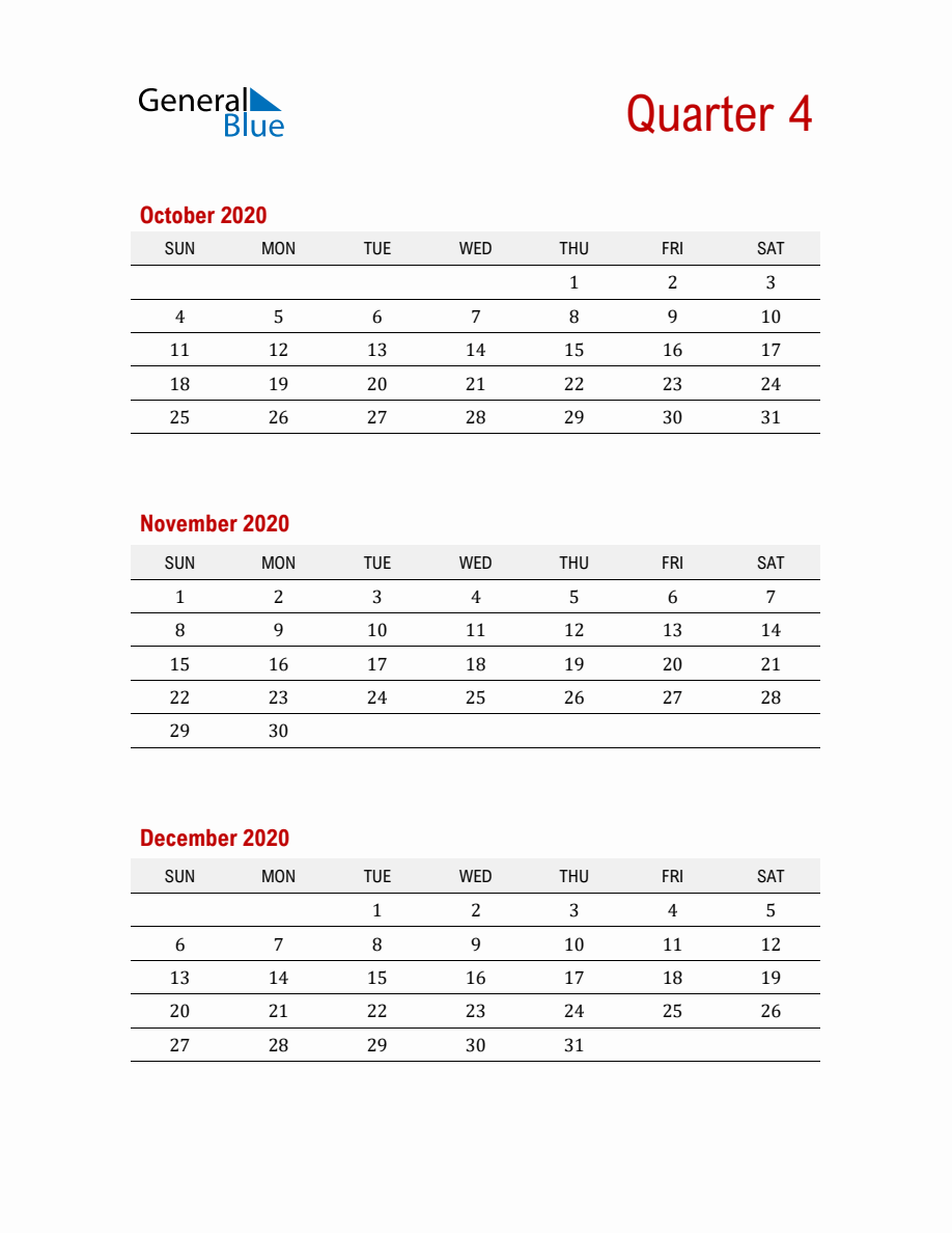 Quarter 4 2020 Calendar Printable (PDF, Word, Excel)